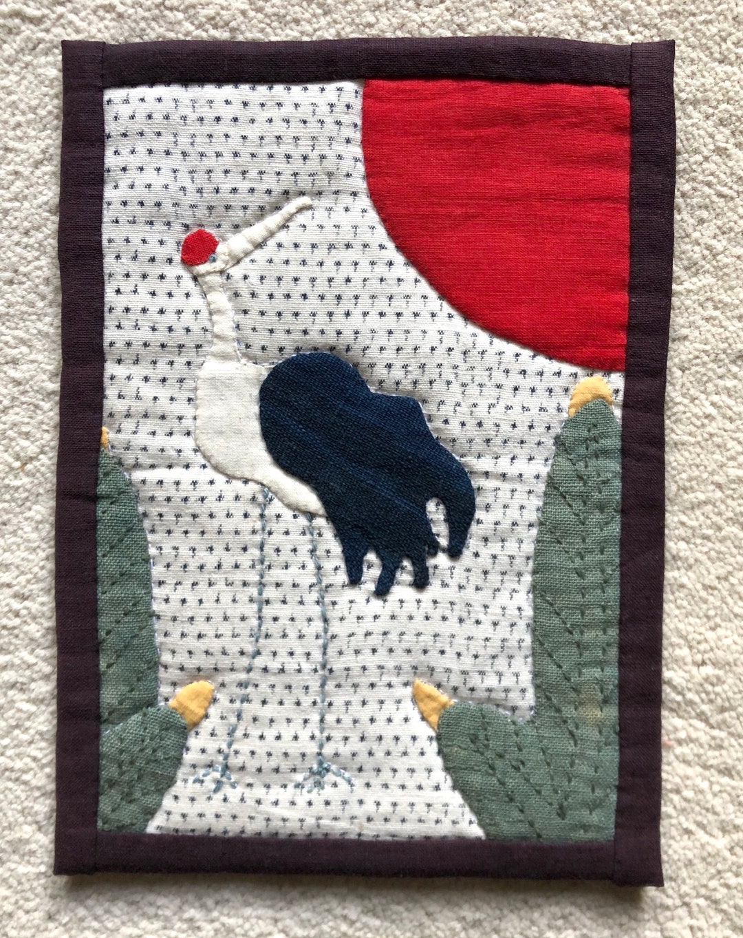 Hand Appliqued Japanese Tsuru Crane on White Kasuri With Red Sun, Small ...