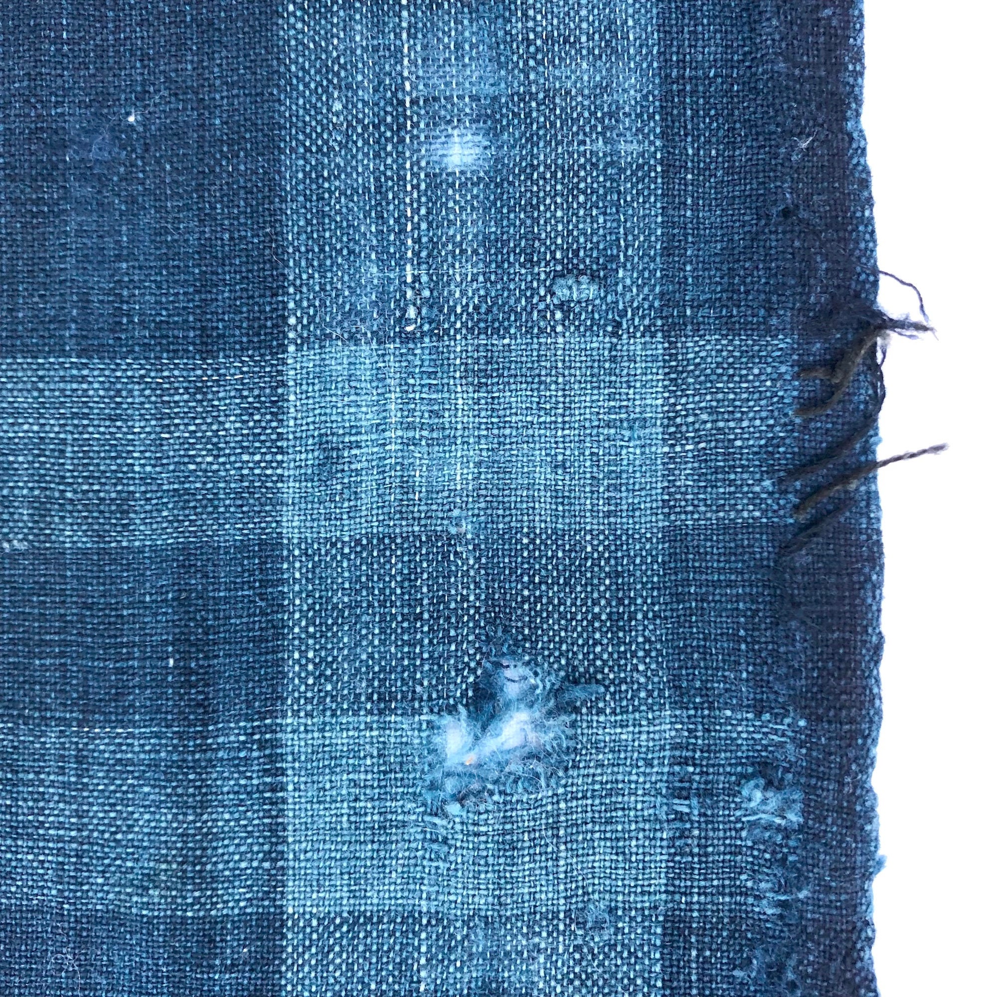 Japanese Vintage Handwoven Fabric, Indigo Blue Threads Plaid Pattern ...