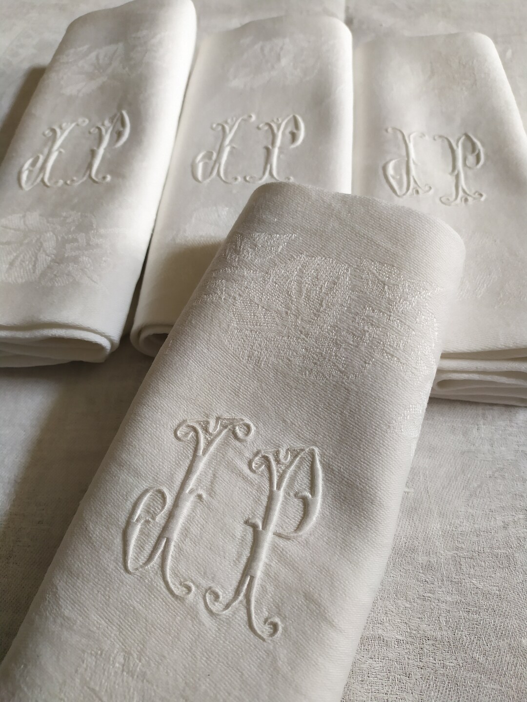Set of 4 French Large White Linen Table Napkins, ip Initials Monogram ...