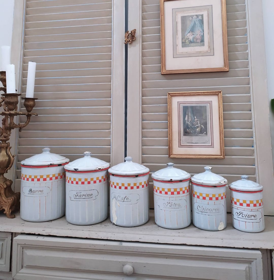 Set of 6 Rare Vintage Enamel Kitchen Enamel Canisters Spice Jars ...