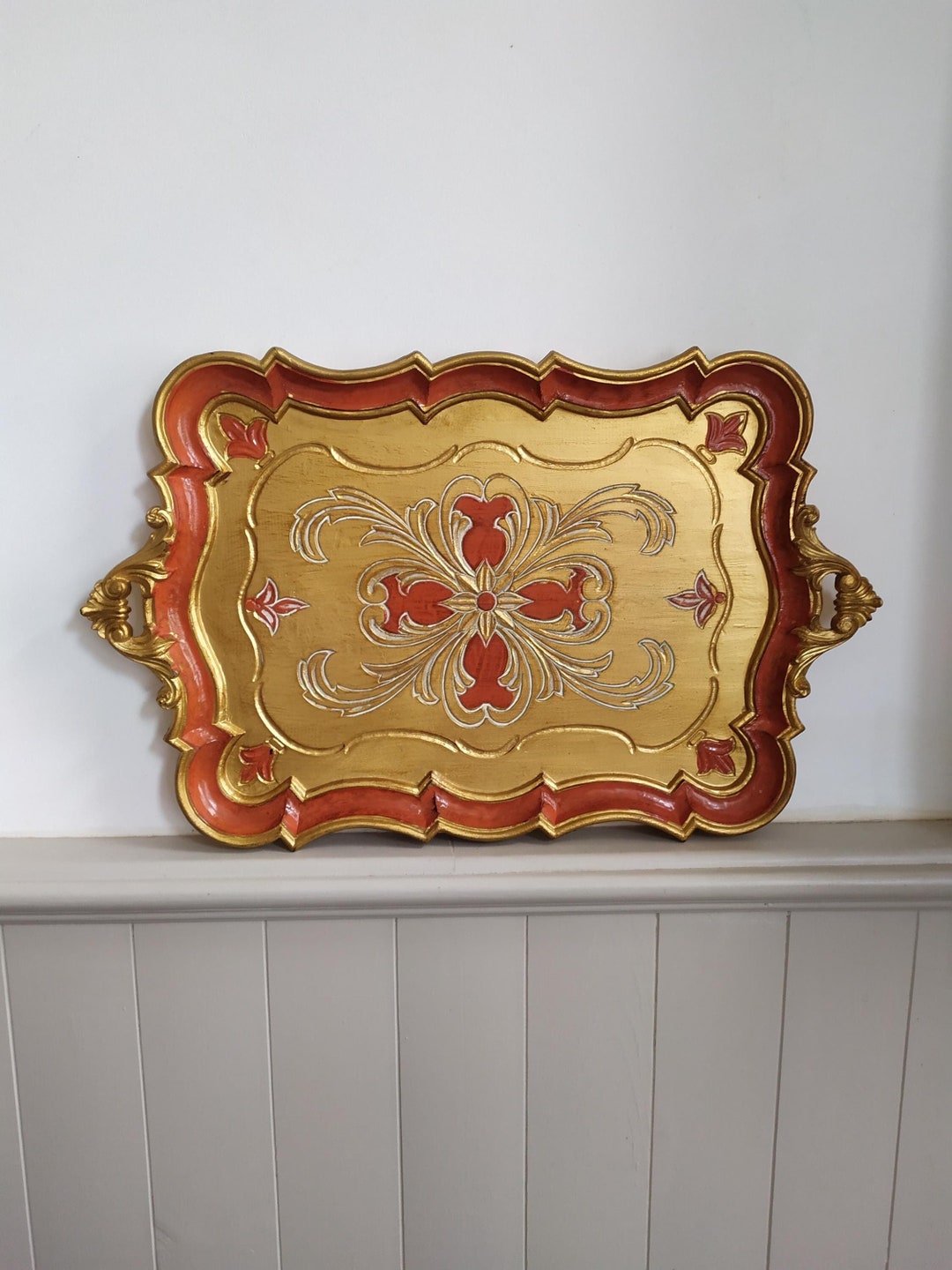 XXL Vintage Gold and Burnt Orange Rectangular Florentine Tray Platter ...