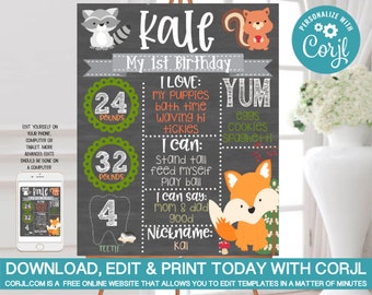 Woodland Fox First Birthday Chalkboard Sign EDITABLE Poster | Etsy