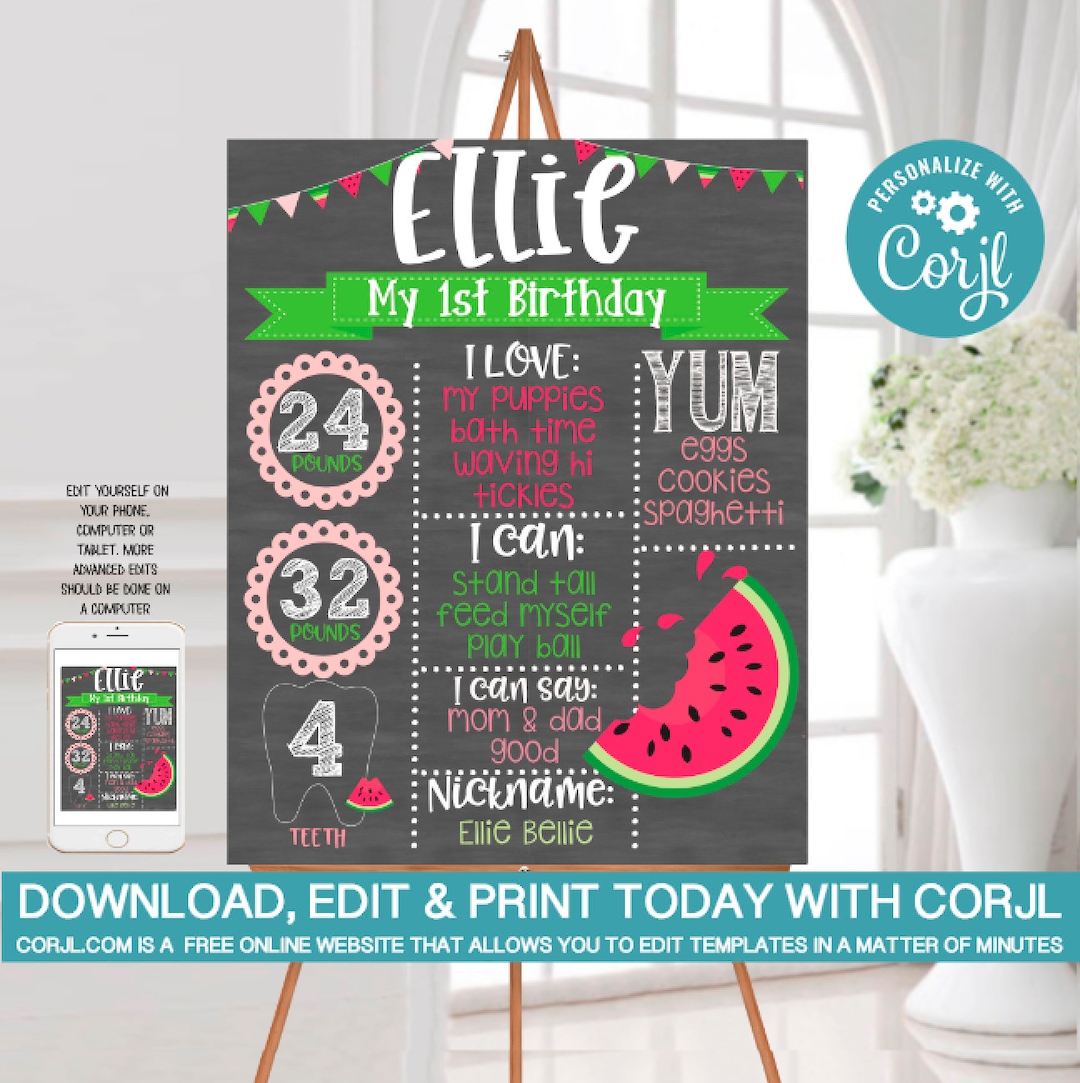 INSTANT DOWNLOAD, Watermelon Birthday Chalkboard Sign, One in a Melon ...