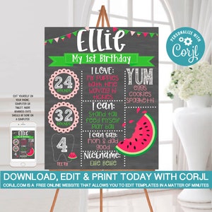 INSTANT DOWNLOAD, Watermelon Birthday Chalkboard Sign, One in a Melon ...