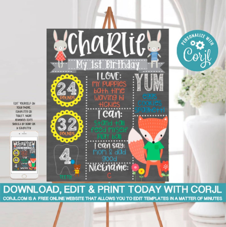 Woodland Fox First Birthday Chalkboard Sign EDITABLE Poster - Etsy