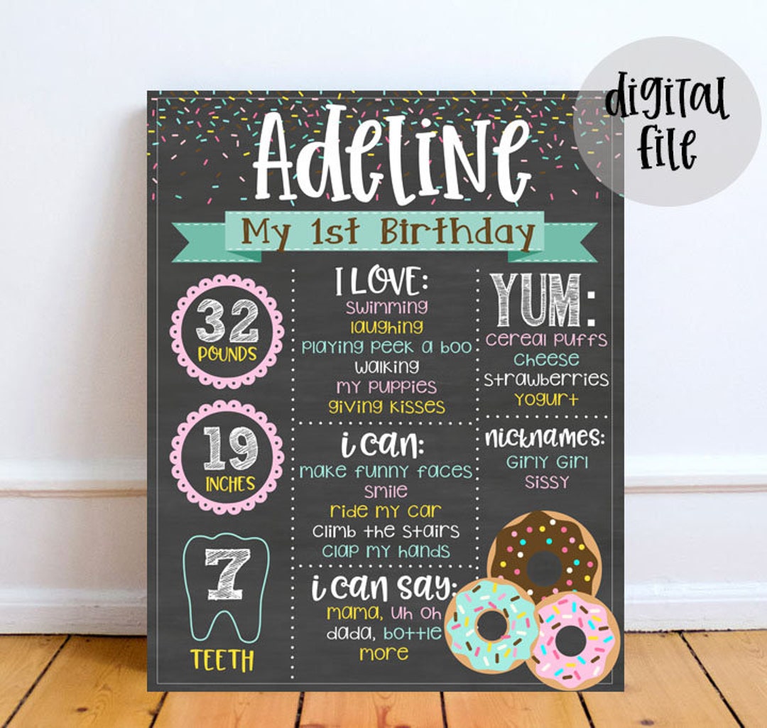 Donut Birthday Board Donut Sign First Birthday Donuts Chalkboard Poster ...