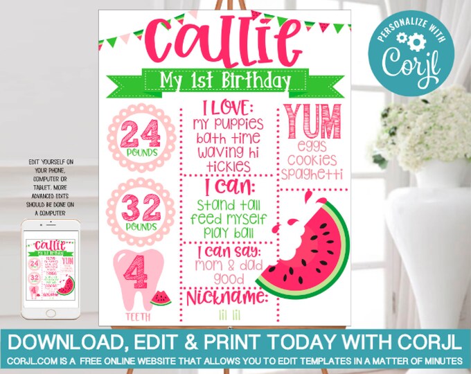 Chevron Watermelon First Birthday Chalkboard Birthday Chalkboard Sign ...