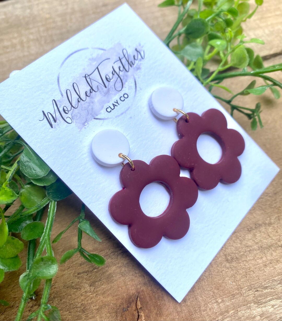 Crimson and White Flower Polymer Clay Earrings - Etsy
