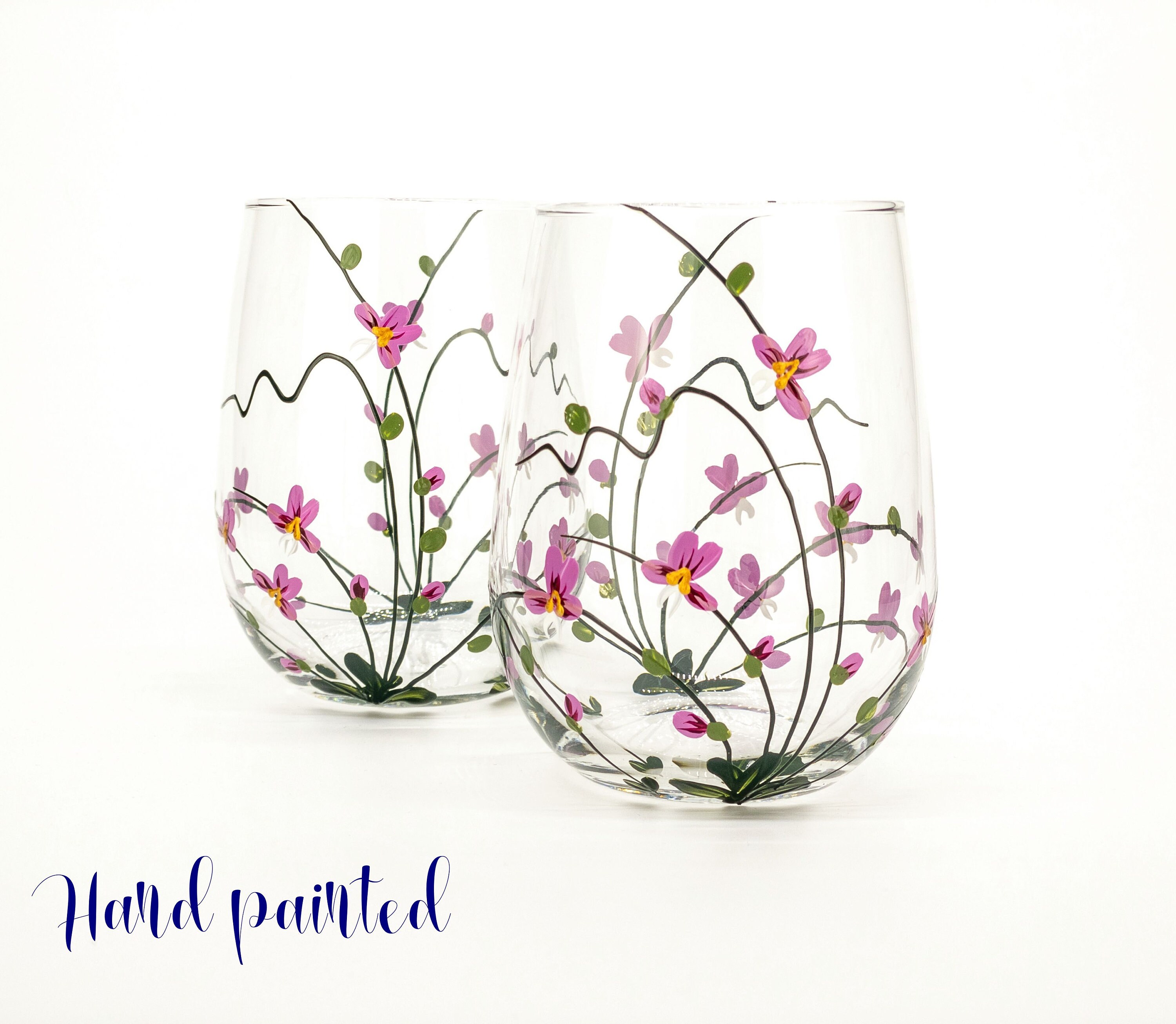 Orchids Wine Glasses Hand Painted Stemless Wine Glasses | Etsy