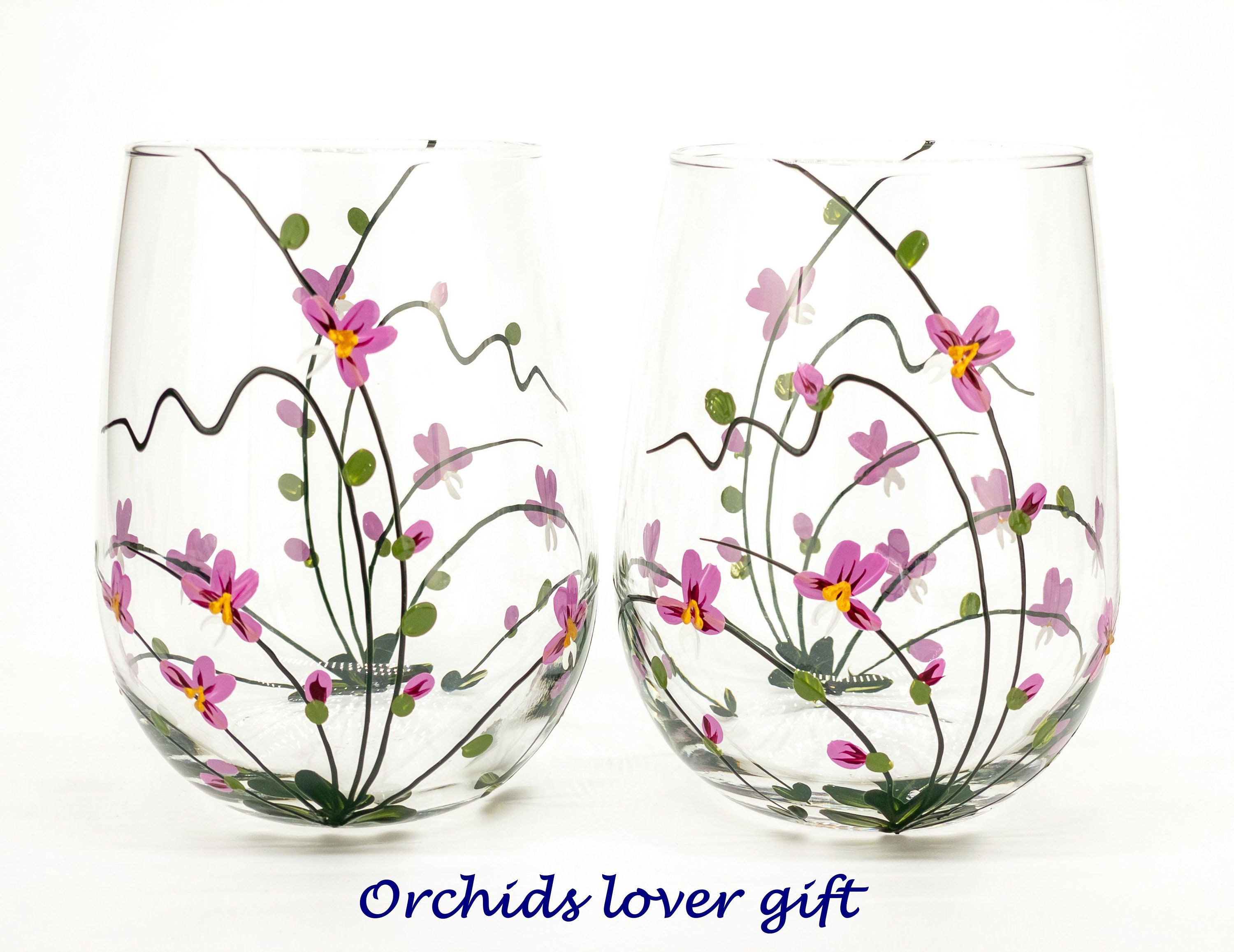 Orchids Wine Glasses Hand Painted Stemless Wine Glasses | Etsy