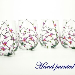 Orchids Wine Glasses, Hand Painted Stemless Wine Glasses, Birthday Gift ...