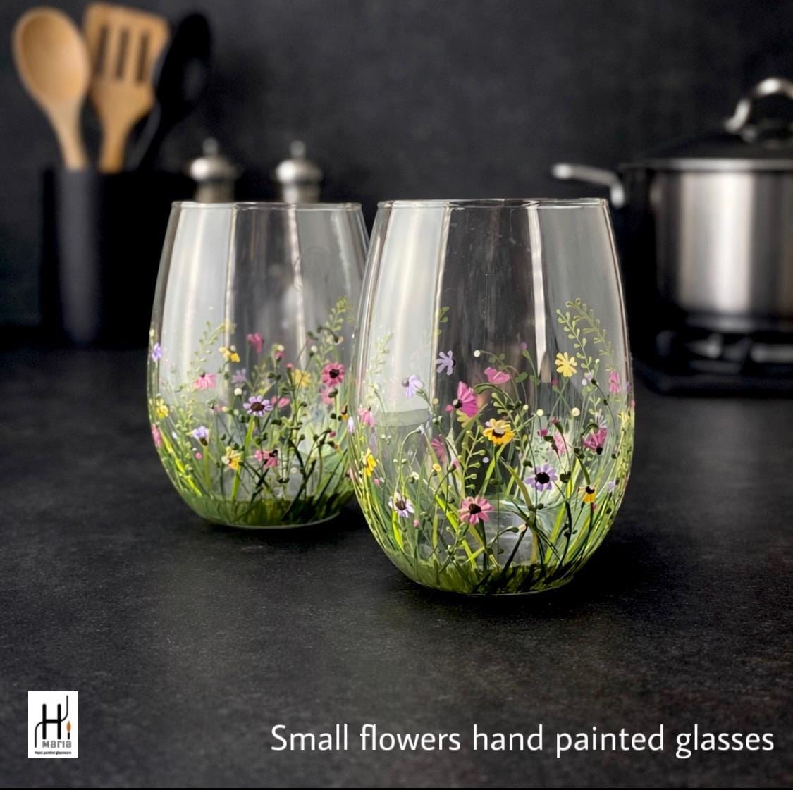 Wildflowers Glass, Spring Flowers Glass, Hand Painted Stemless Glass ...