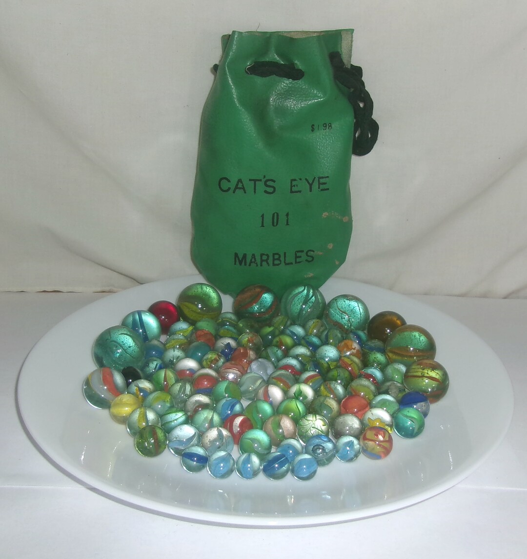 Vintage 1970's Cat's Eye 101 Marbles Toy Game Green Vinyl Bag Pouch ...