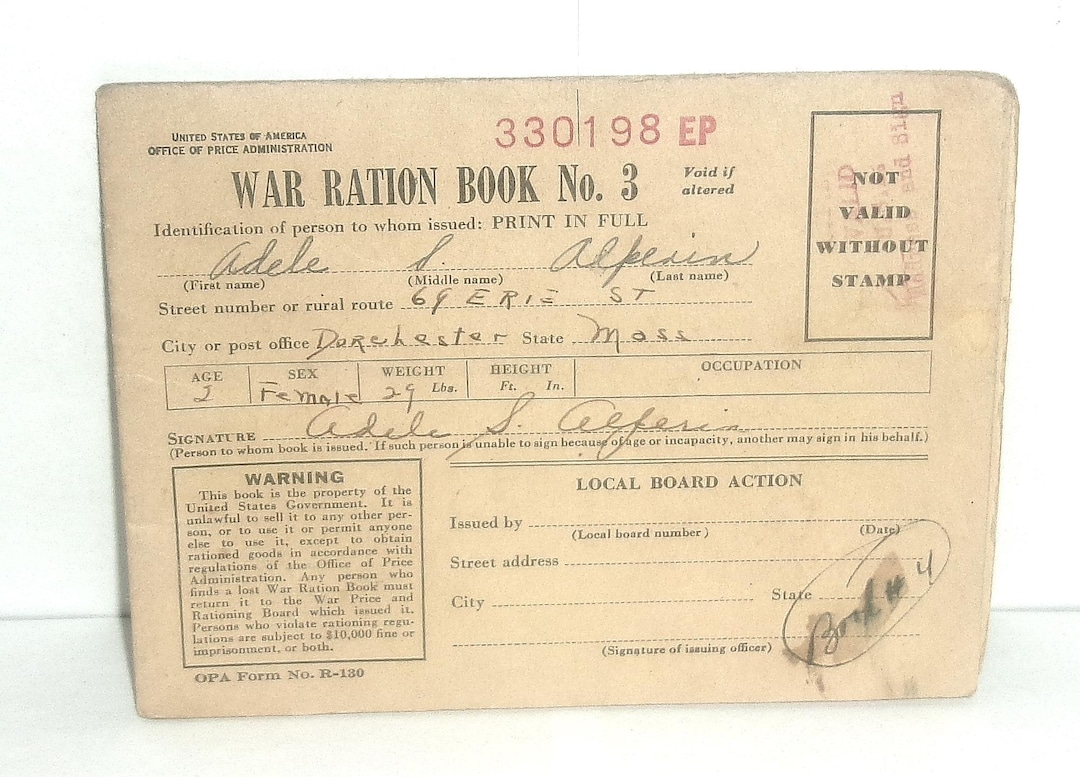 Vintage 1943 War Ration Book With Stamps for Two-year-old Dorchester ...