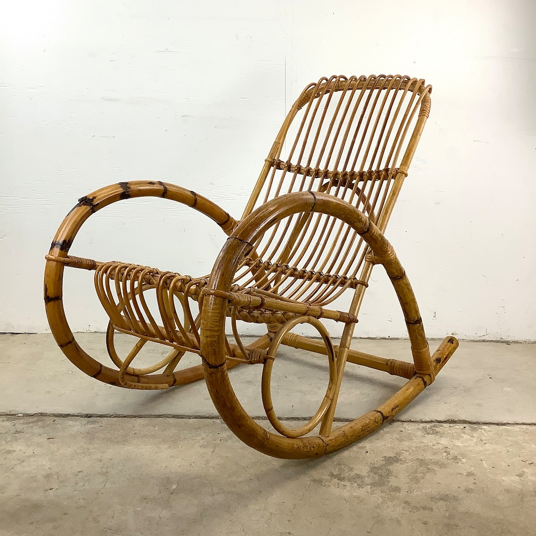 Vintage Coastal Rattan Rocking Chair After Franco Albini - Etsy