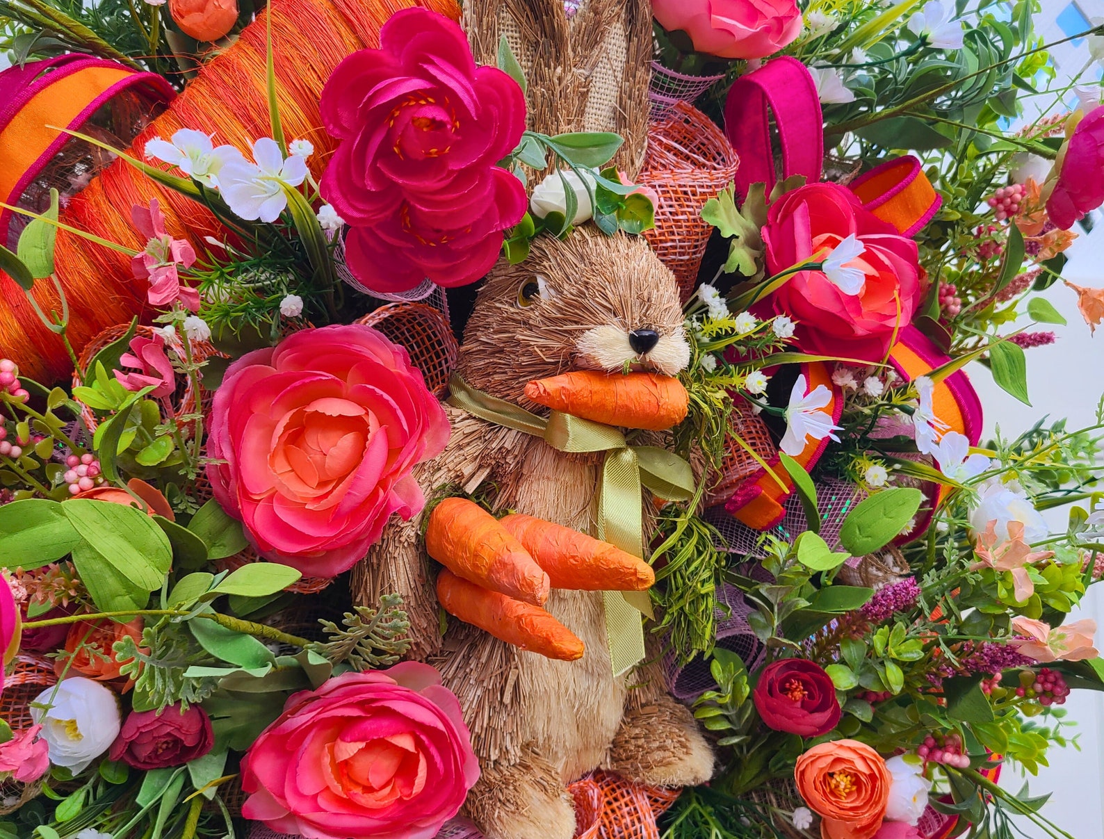 Sisal Bunny Wreath for Front Door, Spring Floral Door Hanger, L Rabbit ...