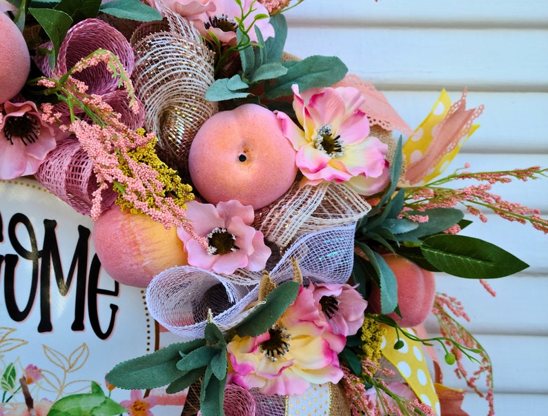 Welcome Peaches Wreath for Front Door, Everyday Spring and Summer Door Hanger, Peach Fruit Deco ...