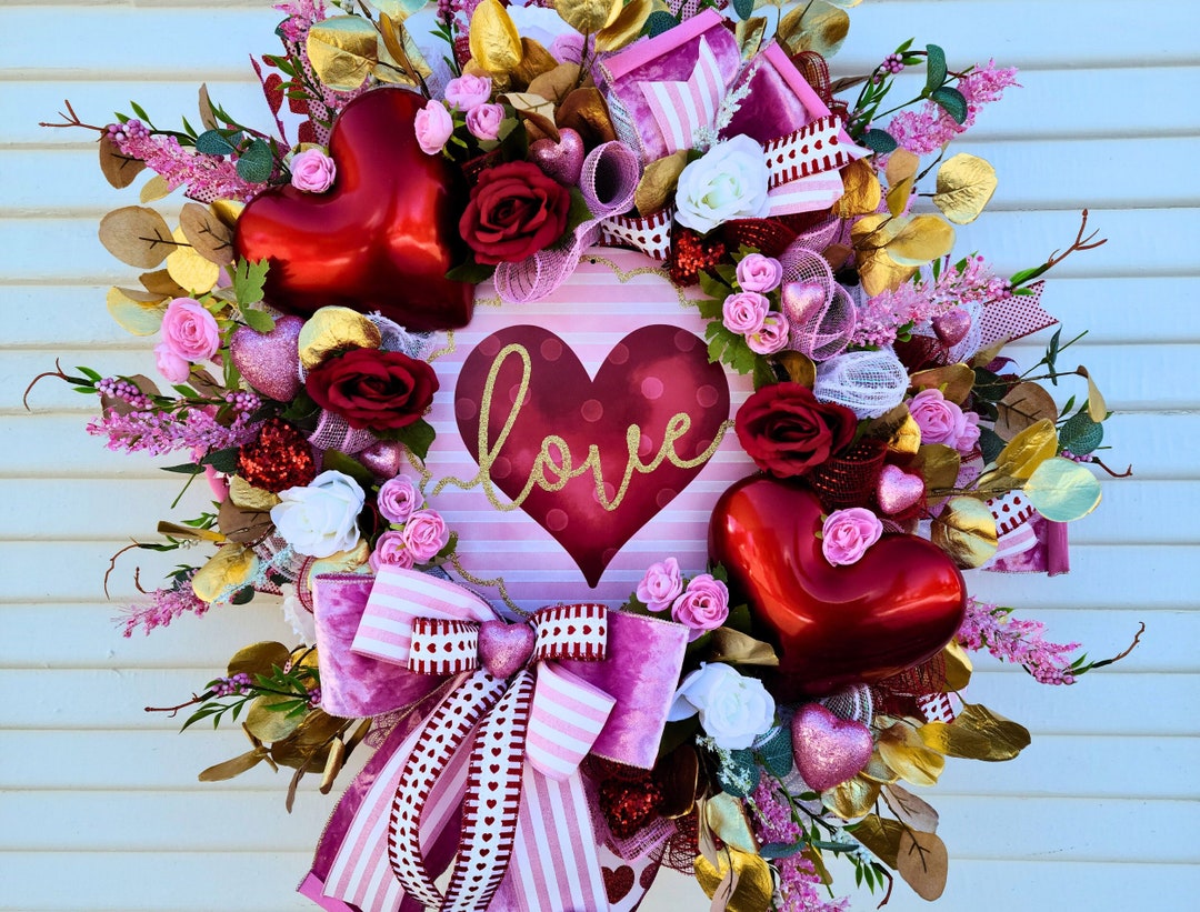 Valentine’s Day Wreath for Front Door, L Red Hearts Winter Decor ...
