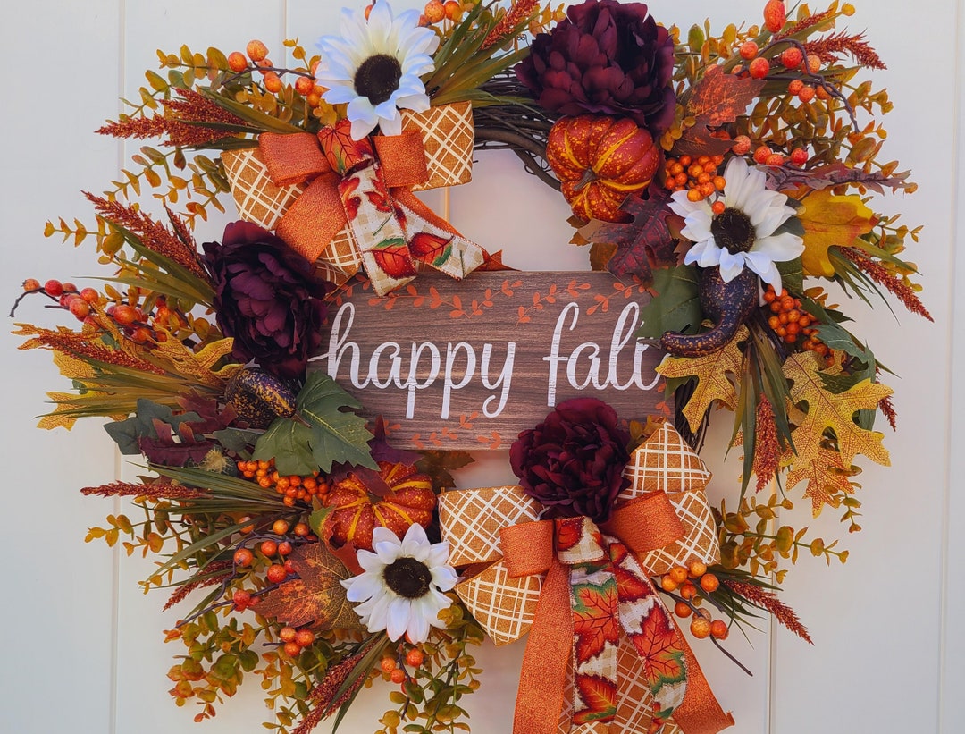 Happy Fall Wreath for Front Door, Fall Pumpkin Door Hanger, Sunflower ...