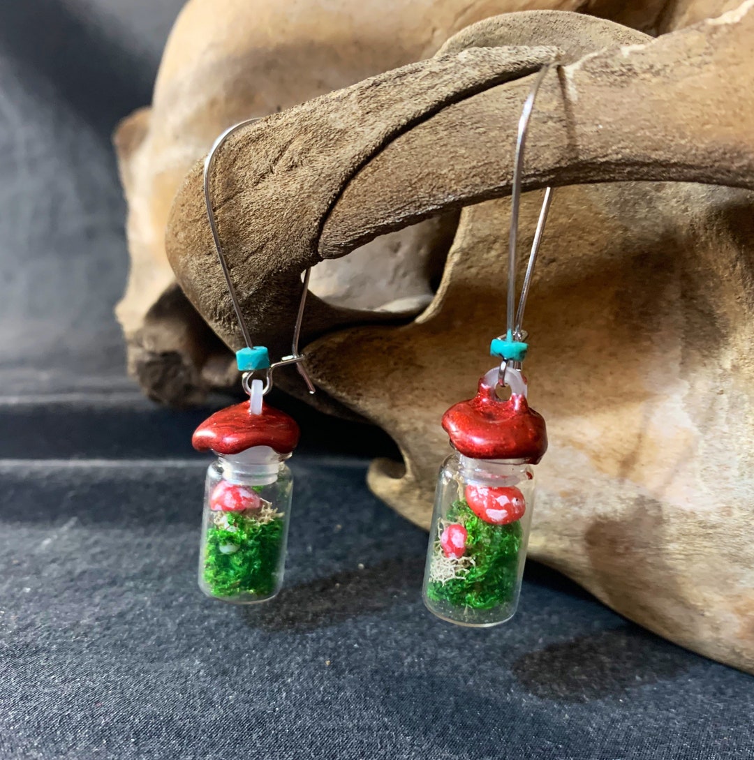 Gauge-friendly Ear Hangers Mini Mushroom Jar Earrings - Etsy