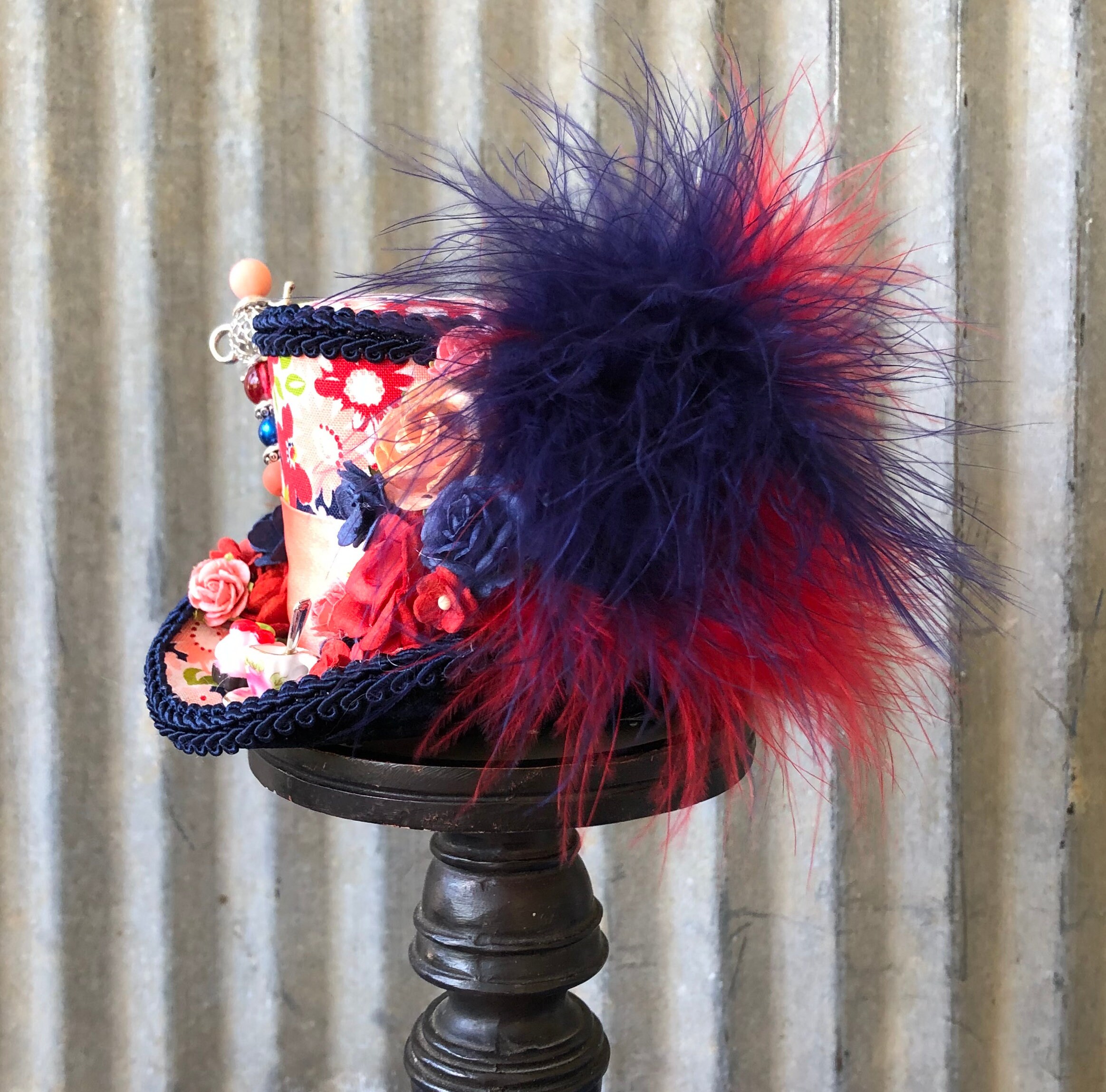 Micro Mini Top Hat Tea Cup hat Red and Navy Blue Flower Hat | Etsy