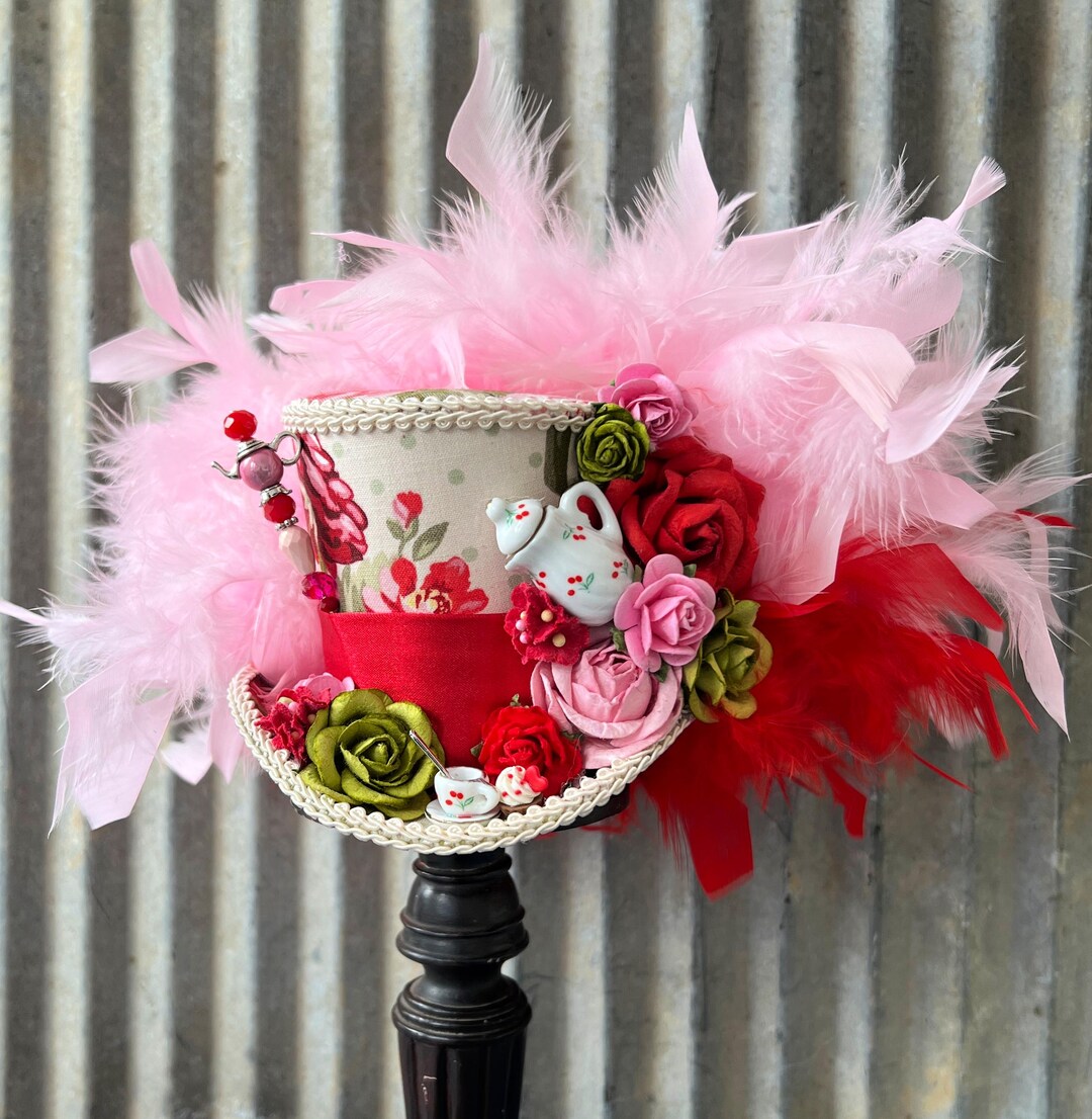 Mini Top Hat, Kentucky Derby Hat, Red Rose Tea Cup Hat, Mad Hatter Hat ...