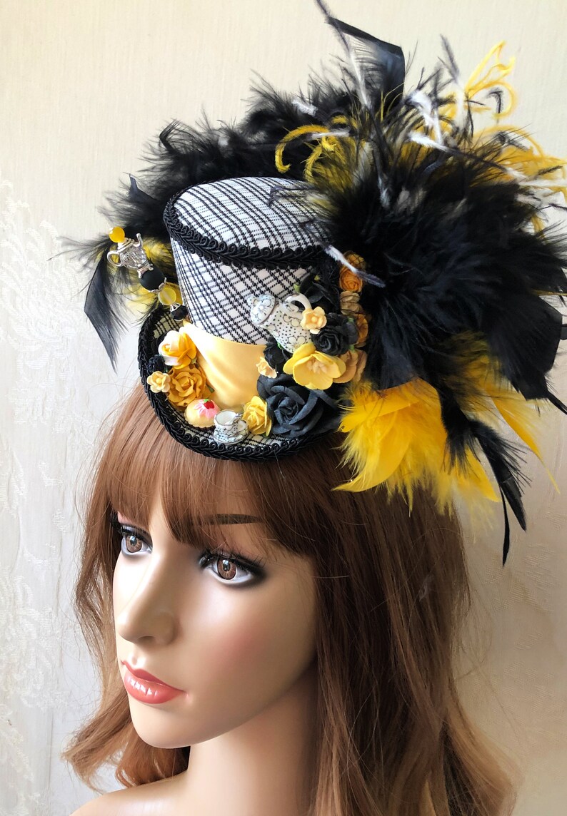 Mini Top Hat Tea Hat Black and Yellow Tea Cup Hat Alice in | Etsy