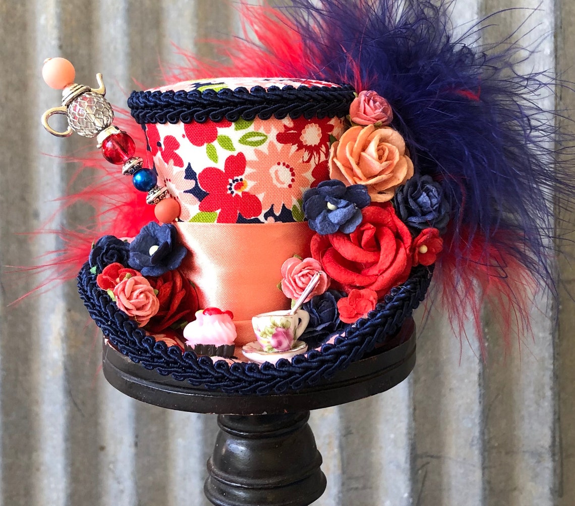 Micro Mini Top Hat Tea Cup hat Red and Navy Blue Flower Hat | Etsy