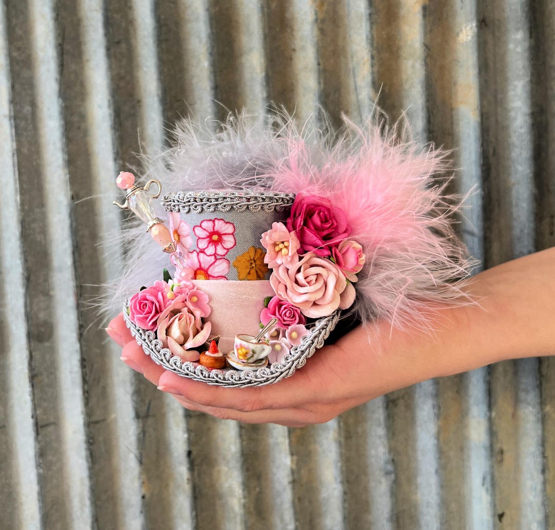 Micro Mini Top Hat, Tea Cup Hat, Gray and Pink Rose Flower Hat, Alice ...