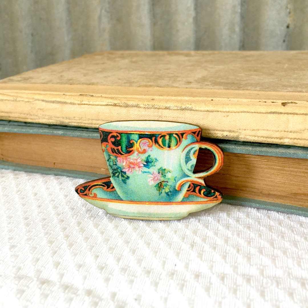Tea Cup Pin, Tea Cup Brooch, Wooden Pin, Christmas Gift, Alice in ...