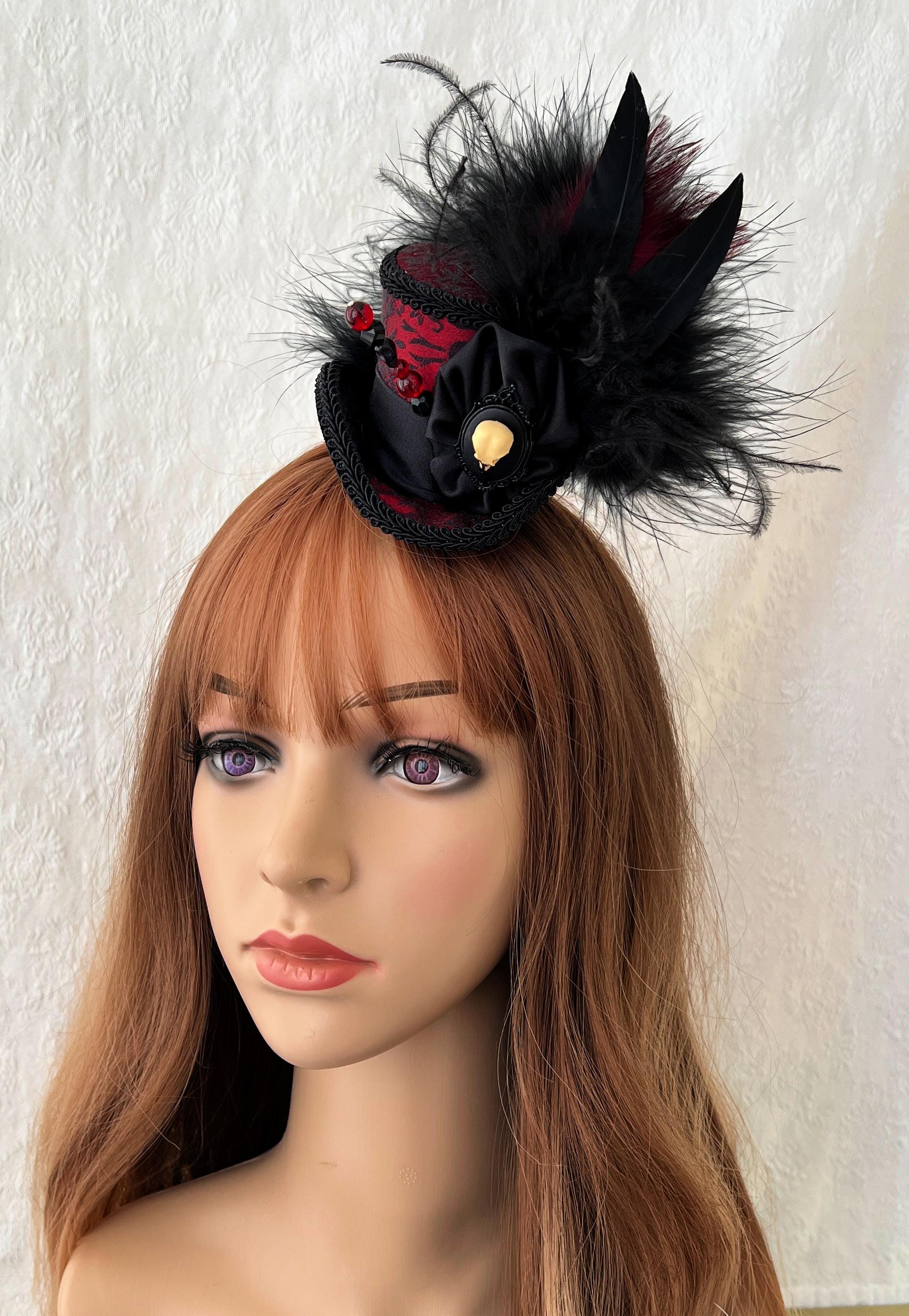 Black and Red Raven Skull Hat, Steampunk Micro Mini Top Hat, Alice in ...