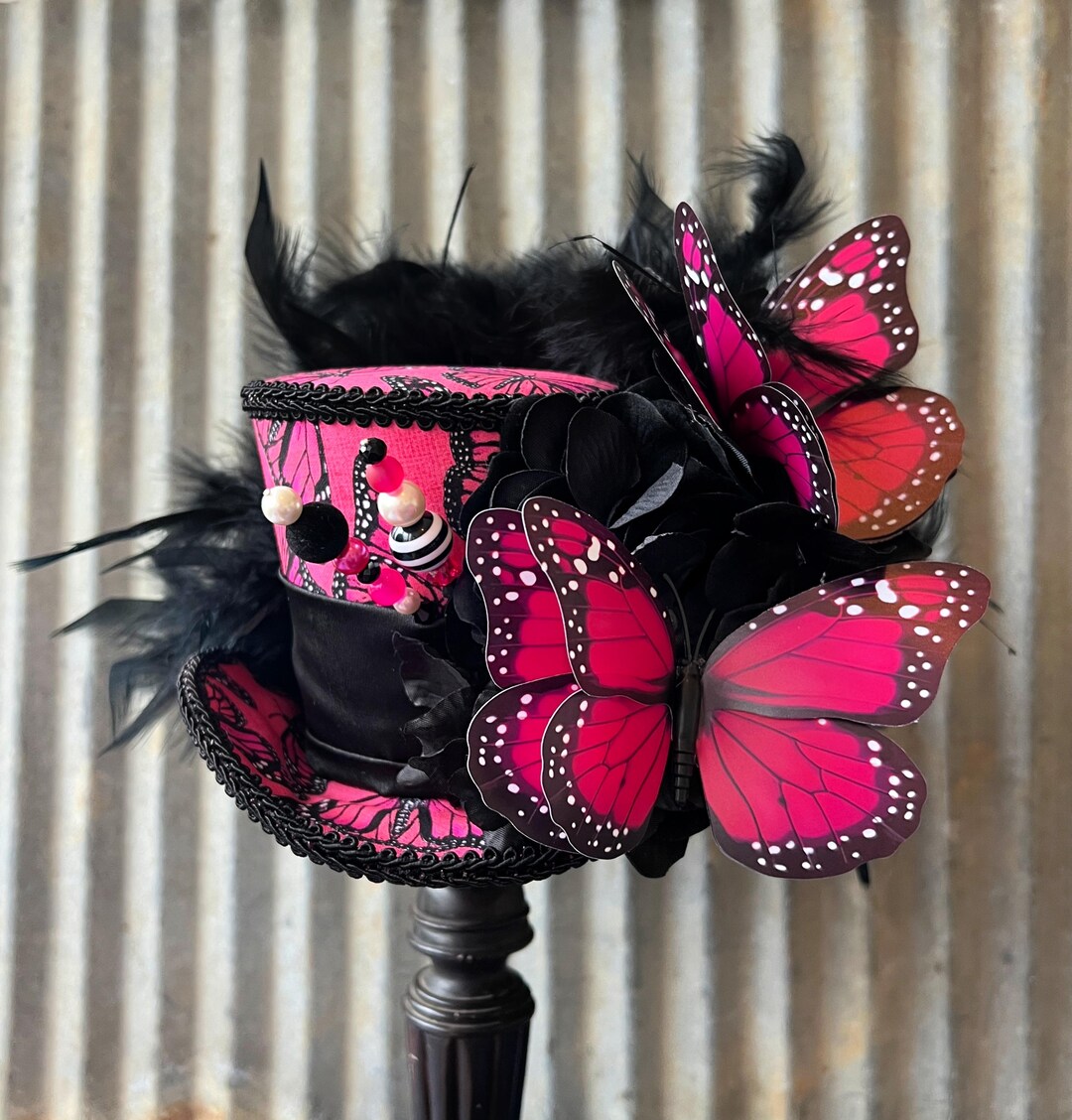 Mini Top Hat, Pink Monarch Butterfly Hat, Hot Pink Butterfly Mini Top Hat, Butterfly Alice in ...
