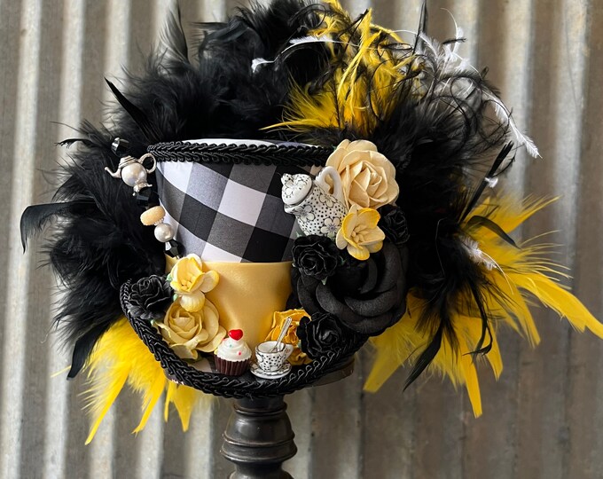 Mini Top Hat, Tea Hat, Black and Yellow Tea Cup Hat, Alice in ...