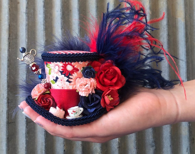 Micro Mini Top Hat, Tea Cup Hat, Red and Navy Blue Flower Hat, Alice in ...