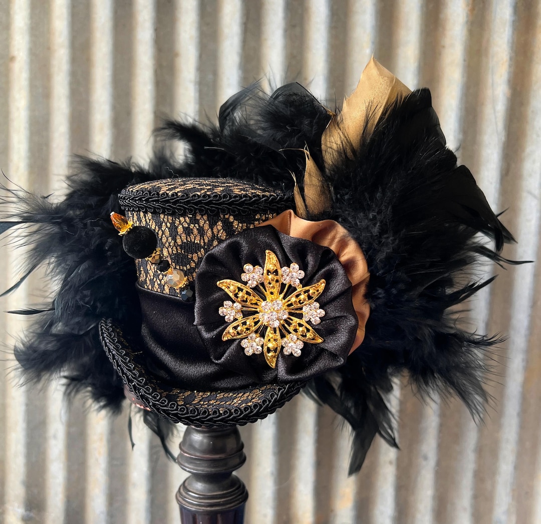 Mini Top Hat, Black and Gold Hat, Sequin Gala Hat, Mad Hatter Hat, Tea ...
