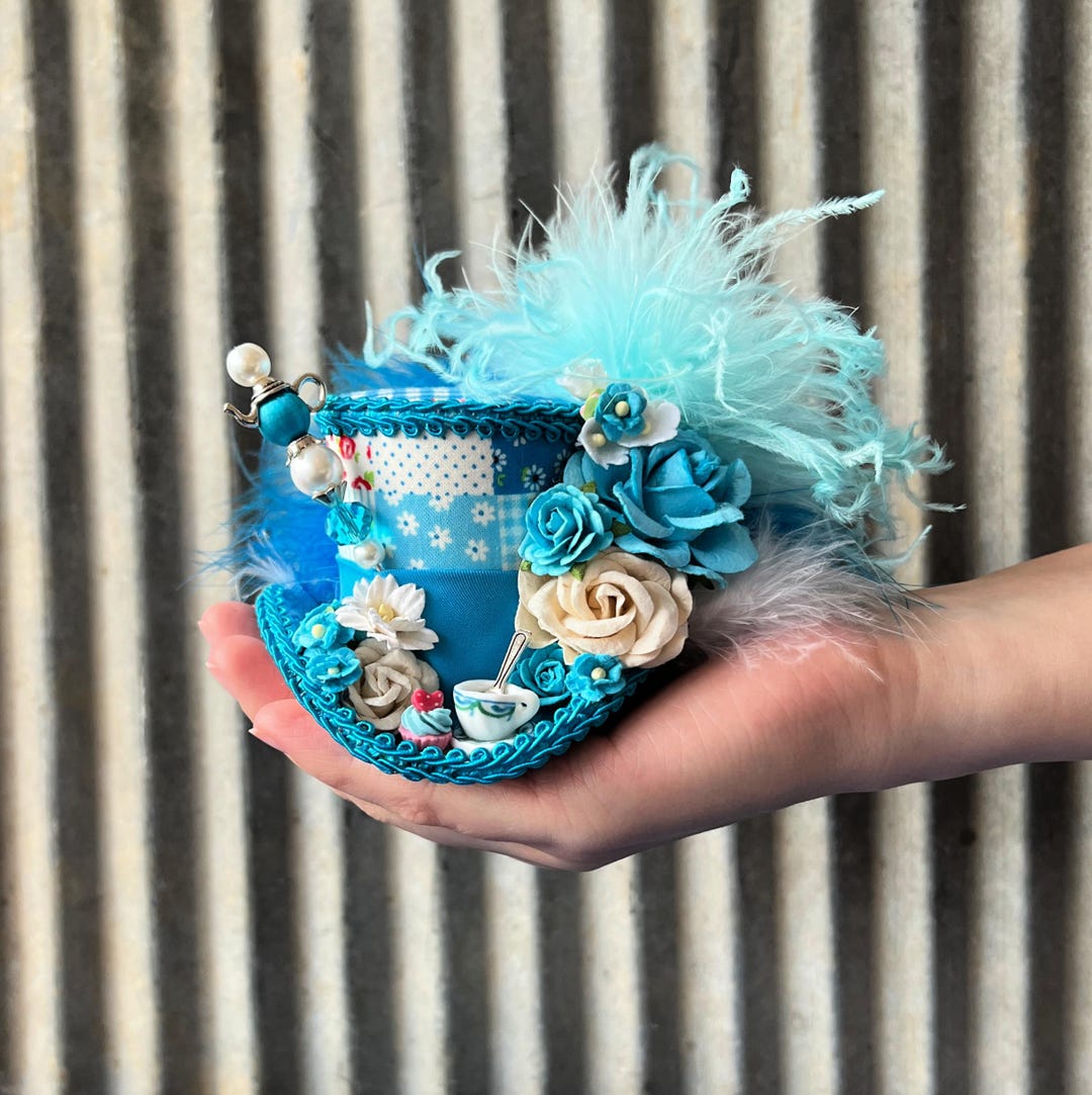 Micro Mini Top Hat, Tea Cup Hat, Turquoise Blue Flower Hat, Alice in ...