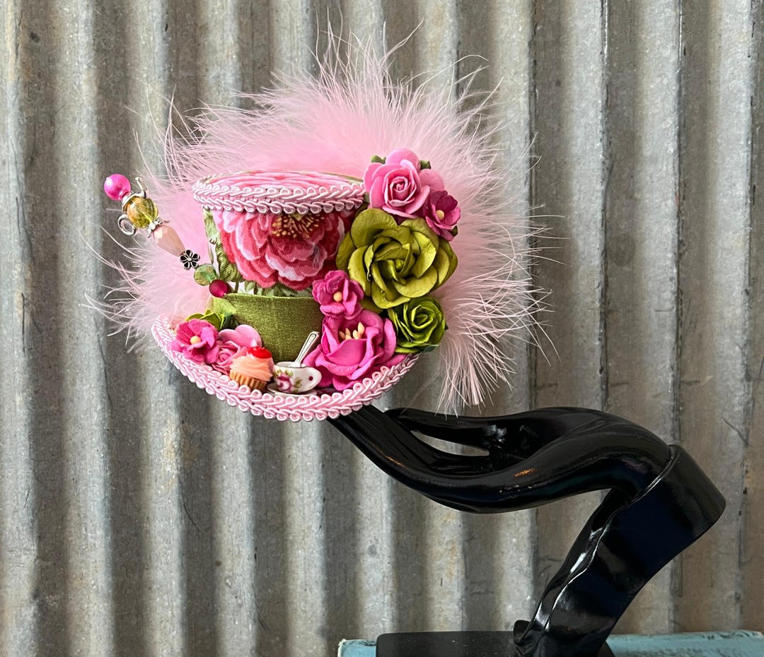 Micro Mini Top Hat, Tea Cup Hat, Green and Pink Flower Hat, Alice in ...