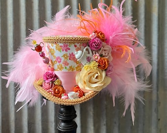 Micro Mini Top Hat, Mini Tea Cup Hat, Yellow and Blue Flower Hat, Alice ...