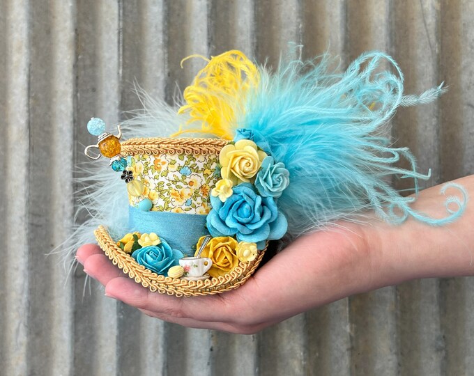 Micro Mini Top Hat, Mini Tea Cup Hat, Yellow and Blue Flower Hat, Alice ...