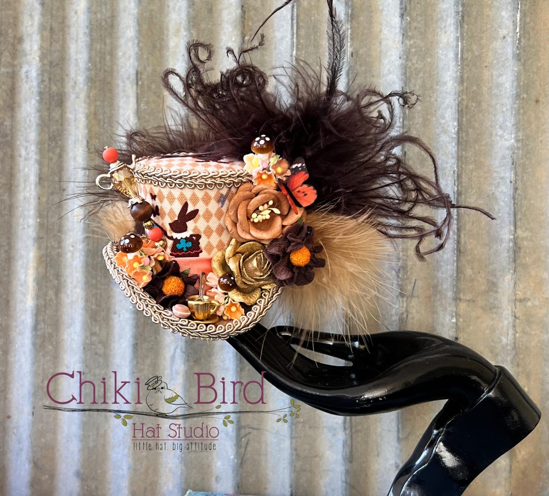 Micro Mini Top Hat, Tea Cup Hat, Tan Beige and Peach Flower Hat,mad ...