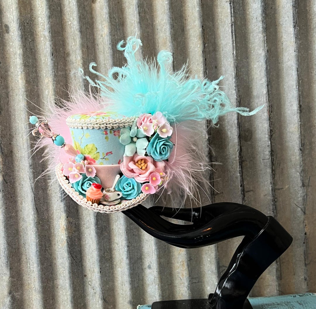 Micro Mini Top Hat, Tea Cup Hat,blue and Pink Flower Hat, Alice in ...