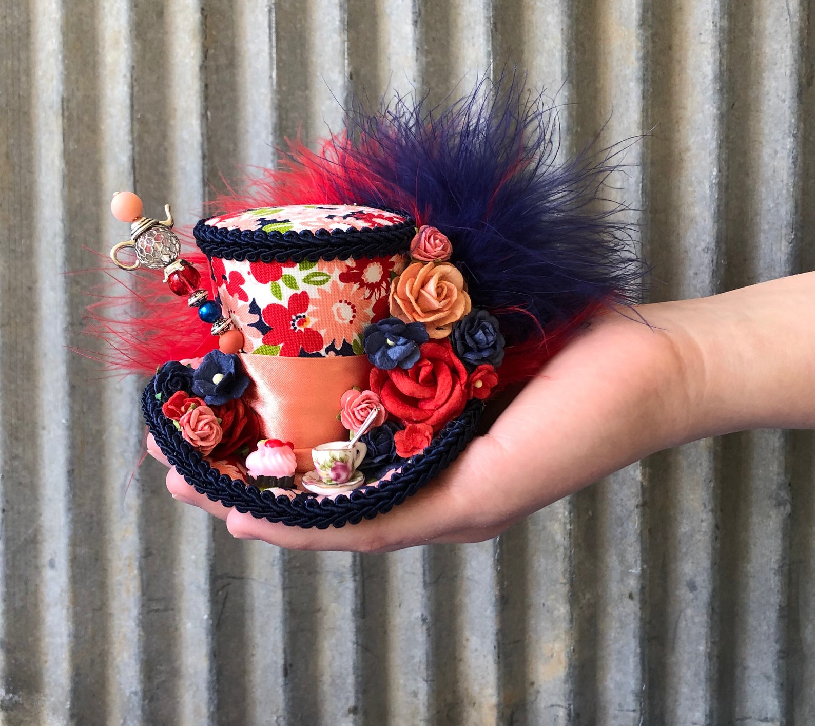 Micro Mini Top Hat Tea Cup hat Red and Navy Blue Flower Hat | Etsy