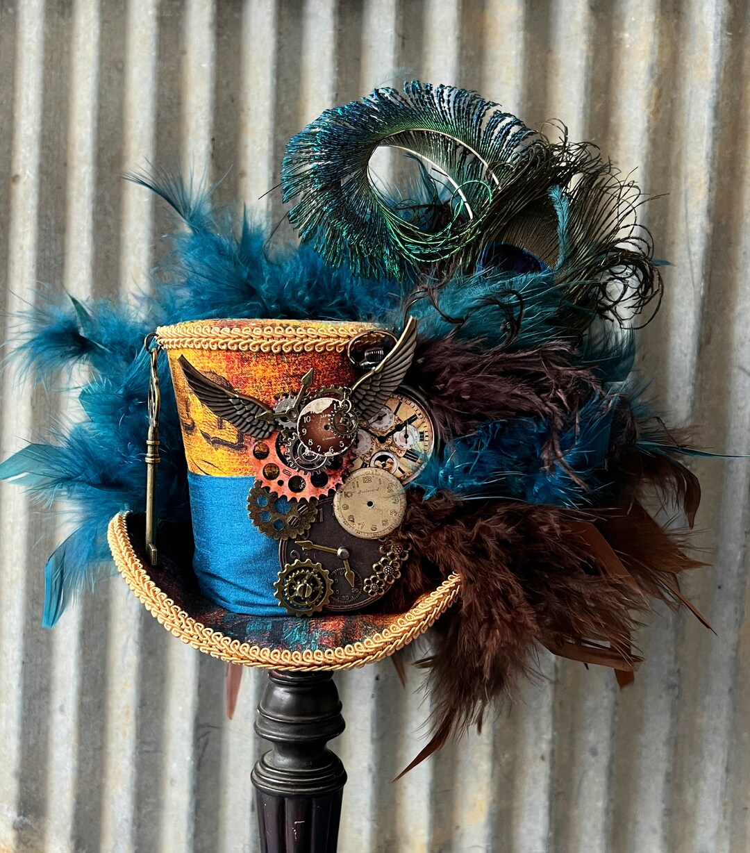 Mini Top Hat, Gold and Peacock Blue, Steampunk Mini Top Hat, Rust ...