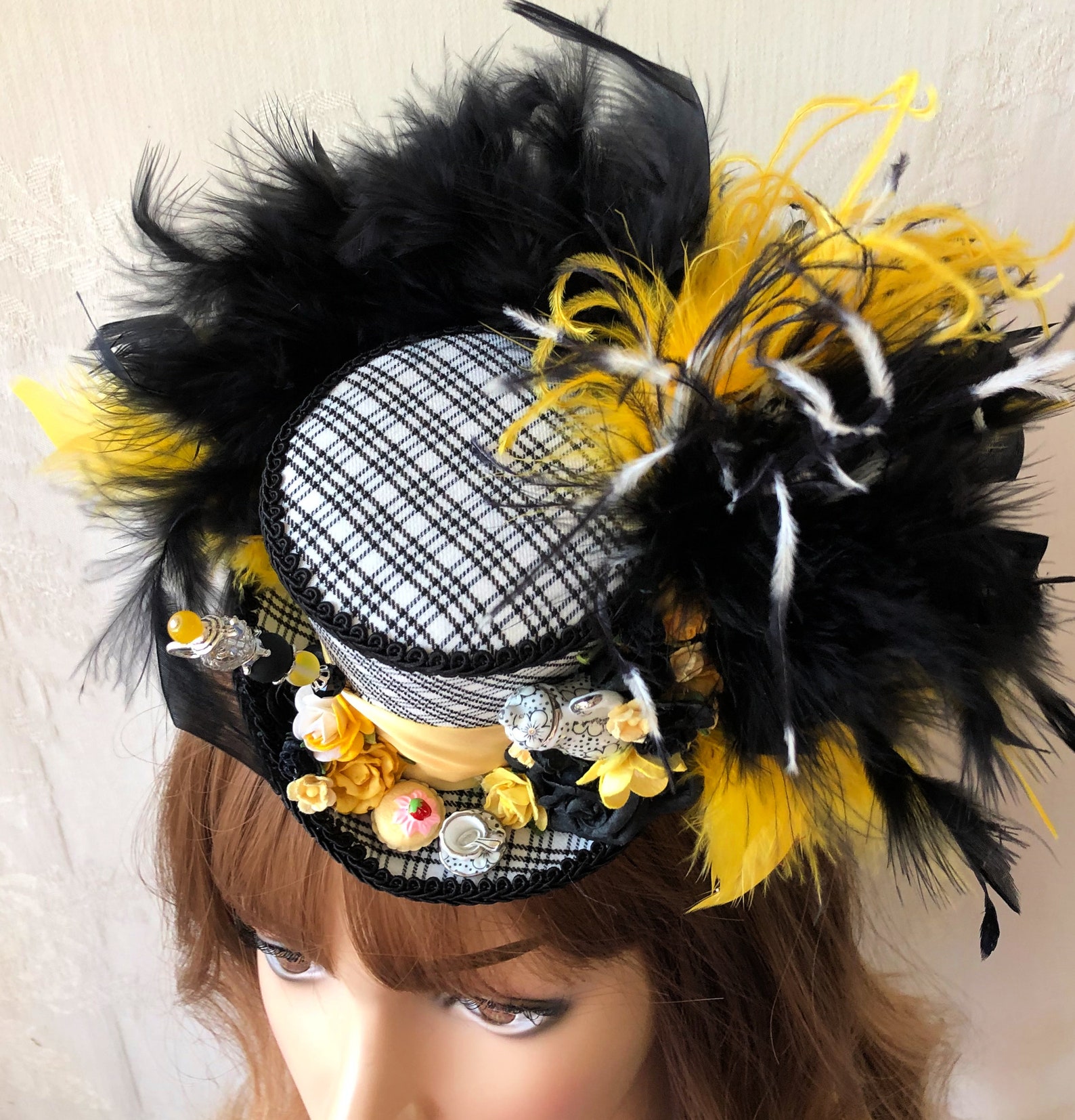 Mini Top Hat Tea Hat Black and Yellow Tea Cup Hat Alice in | Etsy
