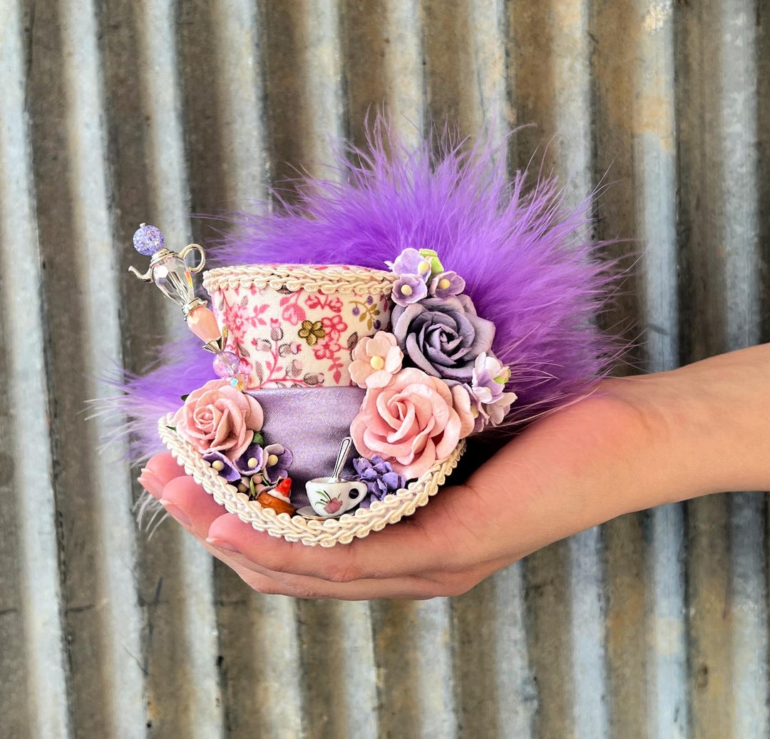 Micro Mini Top Hat, Tea Cup Hat, Purple and Pink Flower Hat, Alice in ...