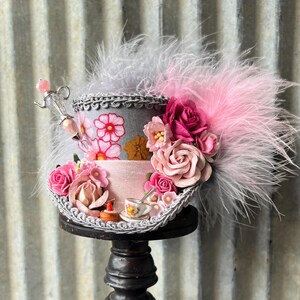 Micro Mini Top Hat, Tea Cup Hat, Gray and Pink Rose Flower Hat, Alice ...