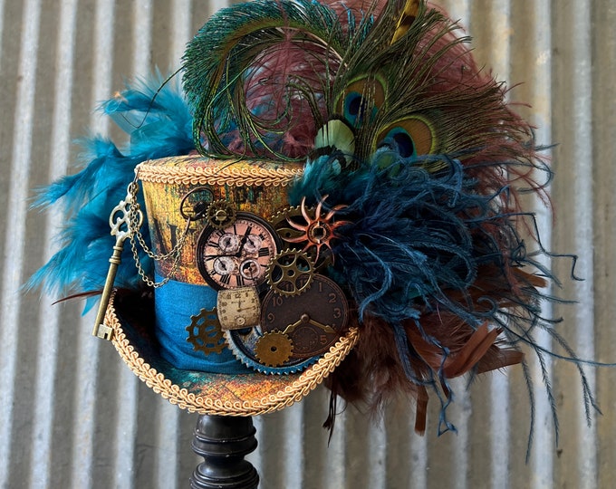 Mini Top Hat, Gold and Peacock Blue, Steampunk Mini Top Hat, Rust ...