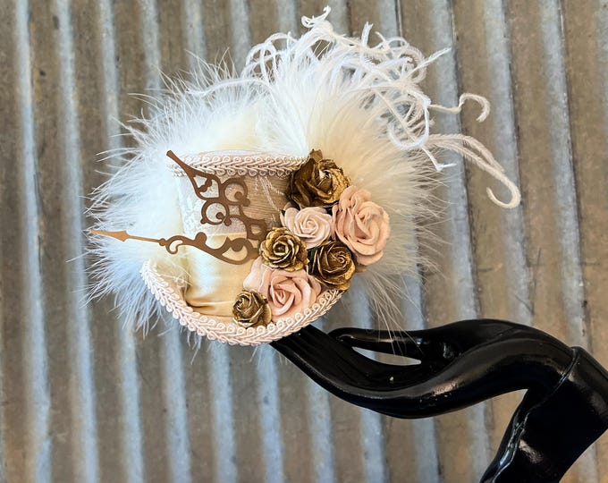 Micro Mini Top Hat, Wedding Mini Hat, Ivory Steampunk Hat, Gold and ...