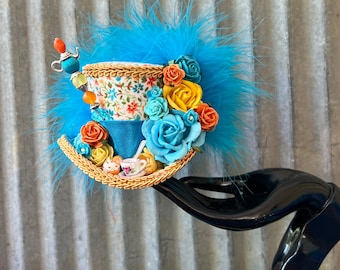 Micro Mini Top Hat, Tea Cup Hat, Orange and Turquoise Rose Flower Hat ...