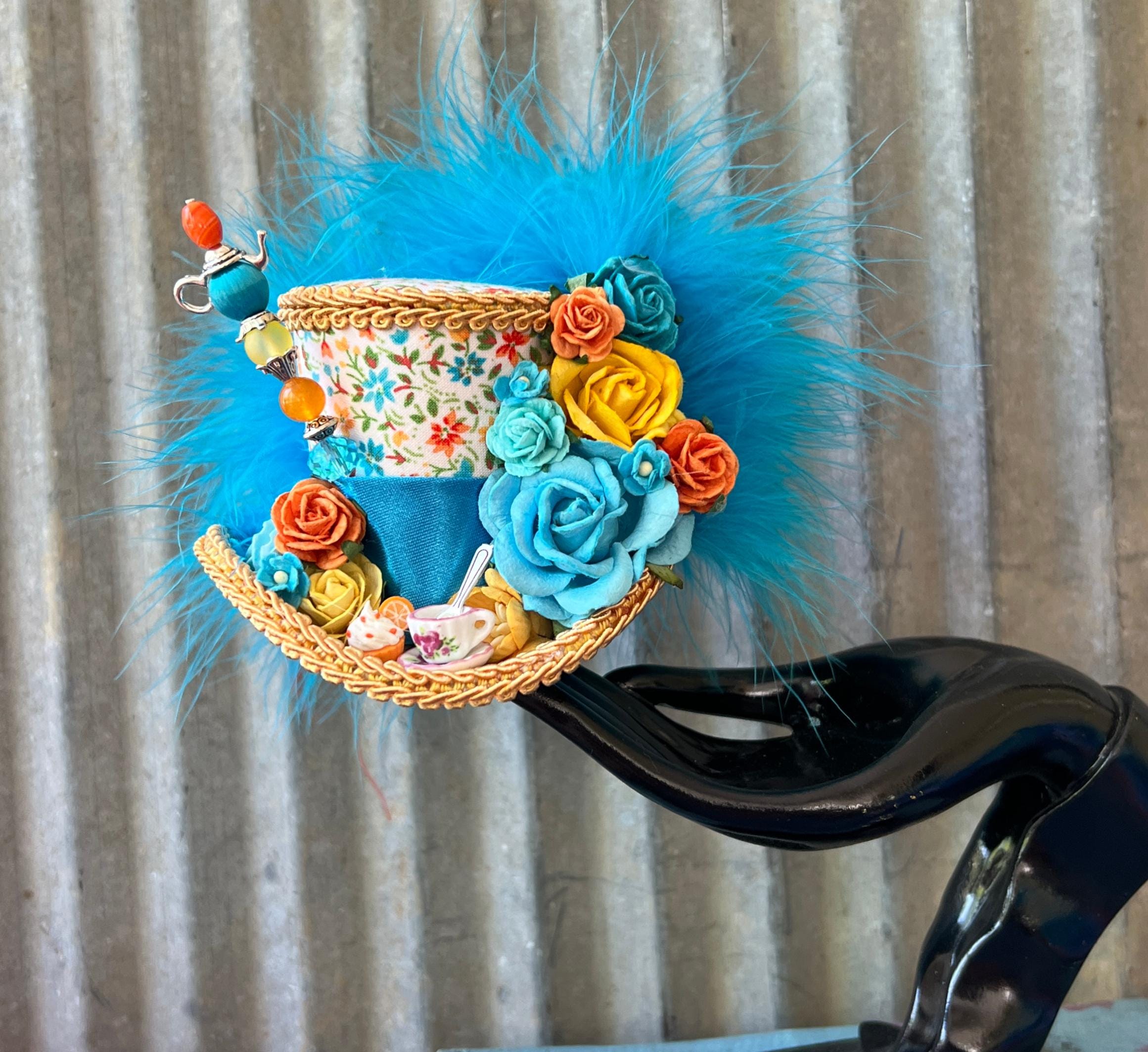 Micro Mini Top Hat, Mini Tea Cup Hat, Yellow and Blue Flower Hat, Alice ...